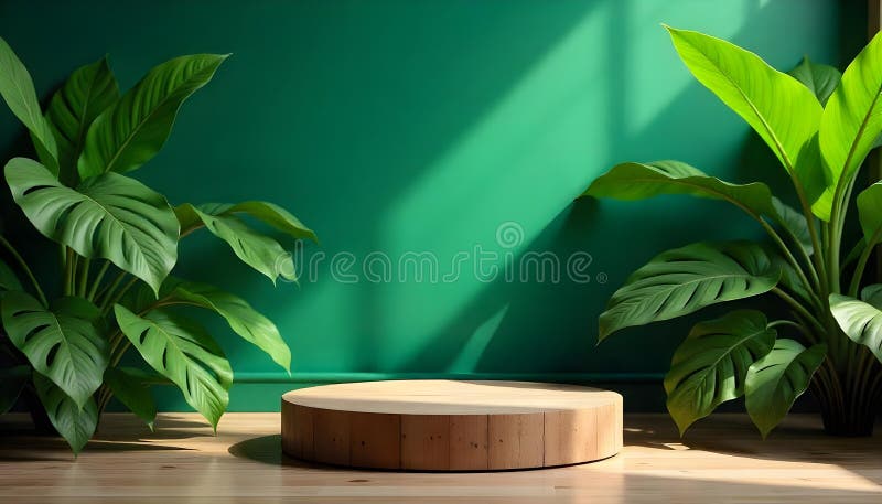 Natural Wooden Podium with Sunlit and Greenery for Product Display ...