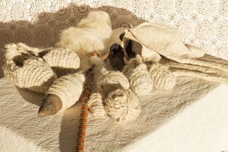 Natural Wool Socks and Wool Spinning Tools Stock Photo - Image of ...