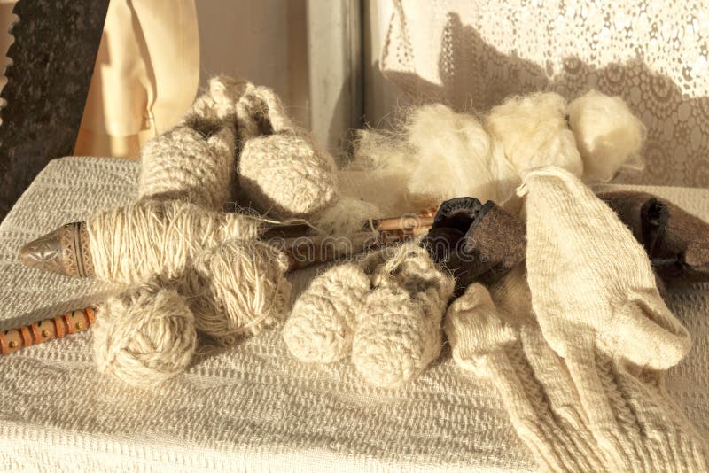 Natural Wool Socks And Wool Spinning Tools Stock Photo - Image of ...