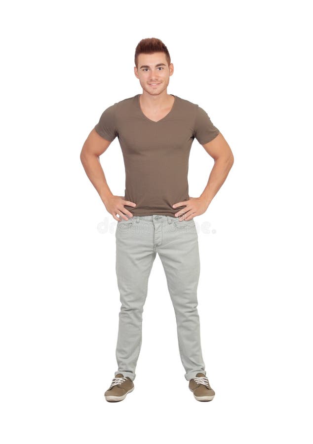 Serious Man in Jeans and White T-shirt is Standing and Looking Away ...