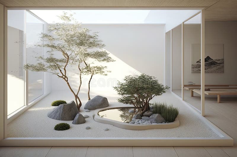 Natural Zen Garden Design for Simple Scandinavian Open Plan Interior ...