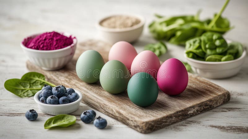 Naturally Dyed Easter Eggs with Plant-based Colorants on Rustic Board ...