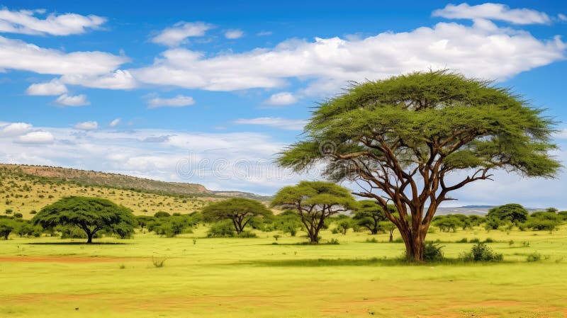 African Acacia Tree Silhouette For Safari Adventure Logo Design Stock