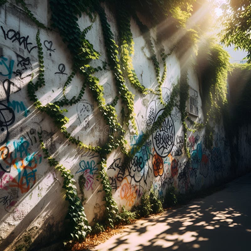 Nature and Art: Graffiti on a Tree-Lined Cliff Wall, Generative AI ...