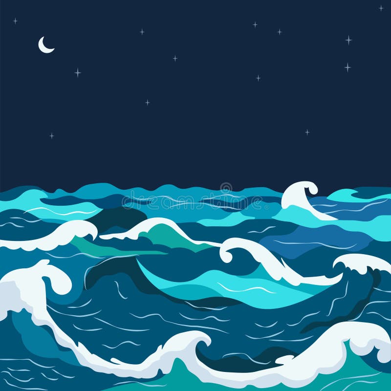 Nature Background of Blue Sea Ocean Water Waves with Crescent at Night ...