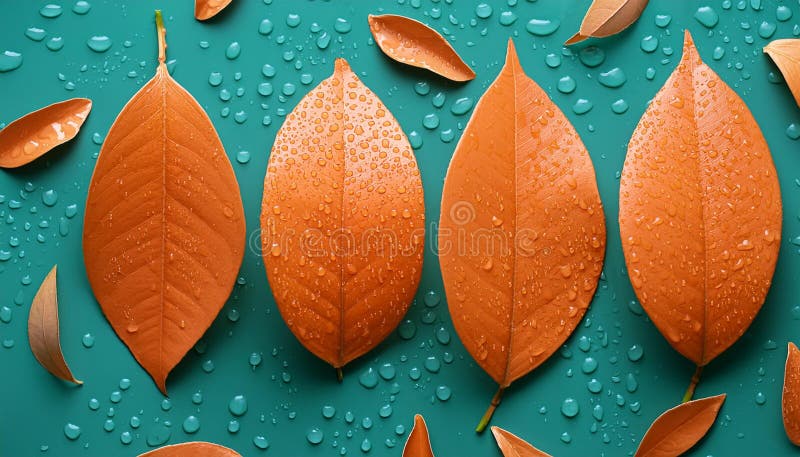 Nature Background with Orange Leaves with Dew Drops on Teal Background ...
