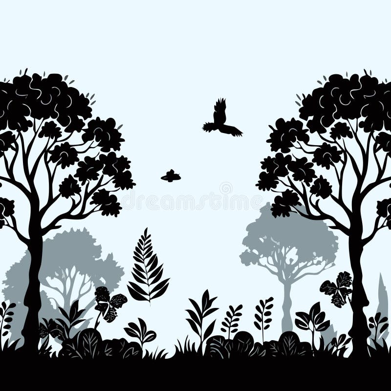 Nature Background with Silhouettes of Trees and Plants. Vector ...