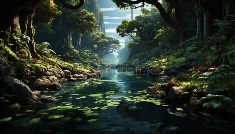 Nature Beauty Water Flows, Animals Swim, Trees Grow in Tranquility ...