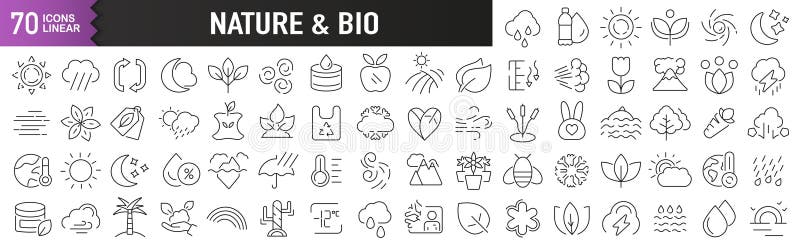 Nature and Bio Black Linear Icons. Collection of 70 Icons in Black ...