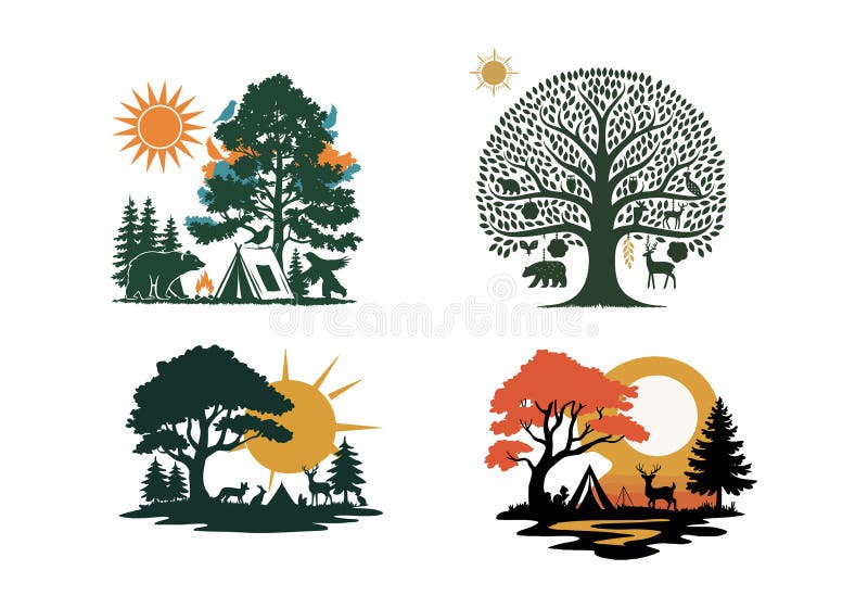 Nature and Camping Vector Illustrations Trees, Wildlife, Bears, Deer ...