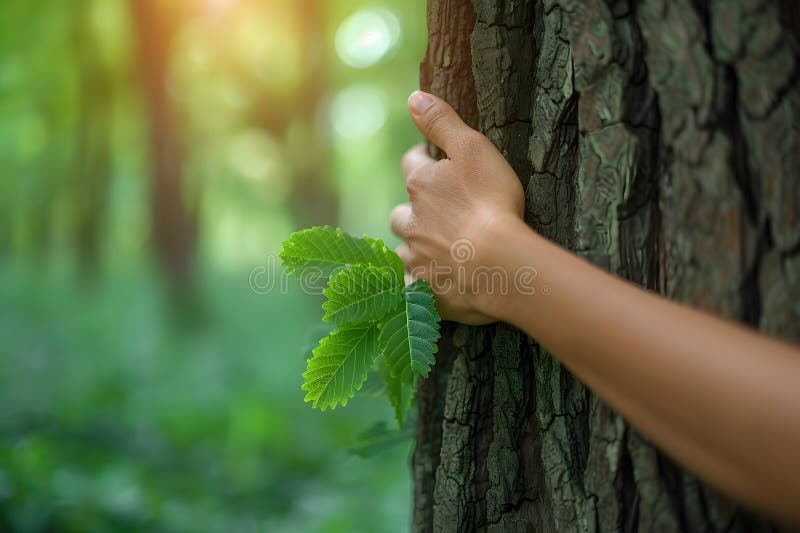 Nature Connection: Hand Touching Tree Trunk in Peaceful Forest ...