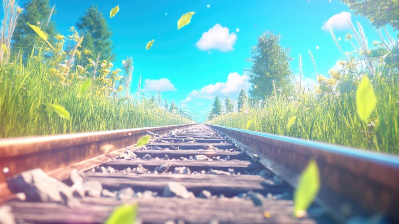 Nature-covered Train Tracks Stretching into a Sunny Horizon Stock Photo ...