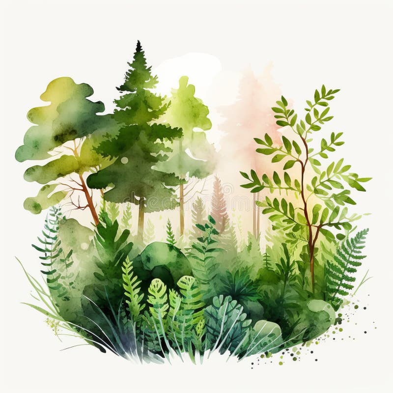 Nature Drawing Green Watercolor White Background Generative AI Stock ...