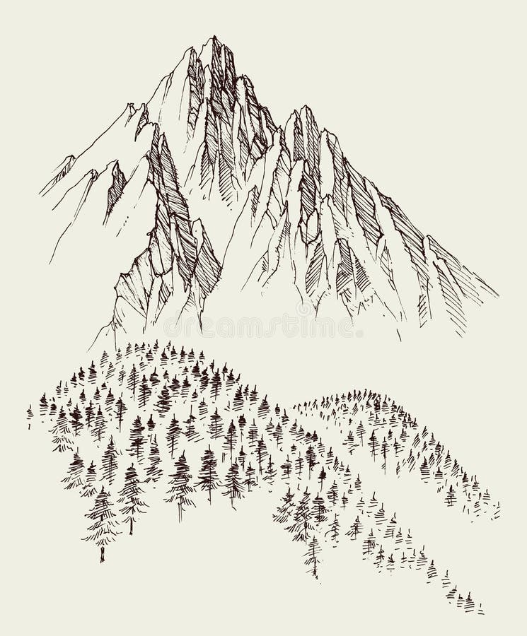 Nature in the Mountains Sketch Stock Vector - Illustration of house ...