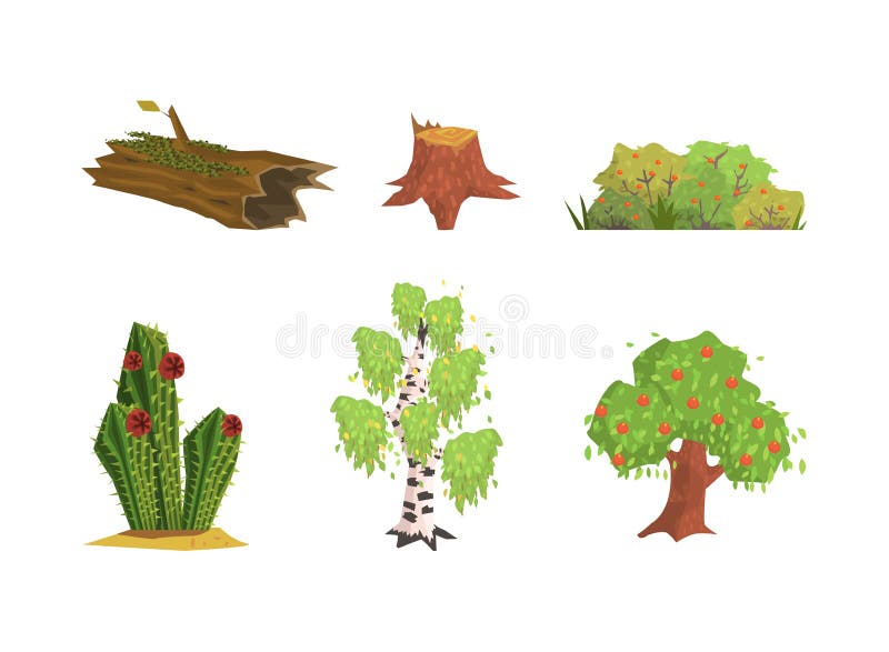 Nature Element with Birch, Fruit Tree, Stump, Log, Bush and Cactus ...