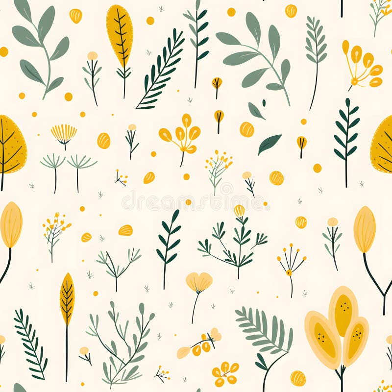 Nature Elements Seamless Pattern. Leaves, Pollen, Stem. Flat Design by ...