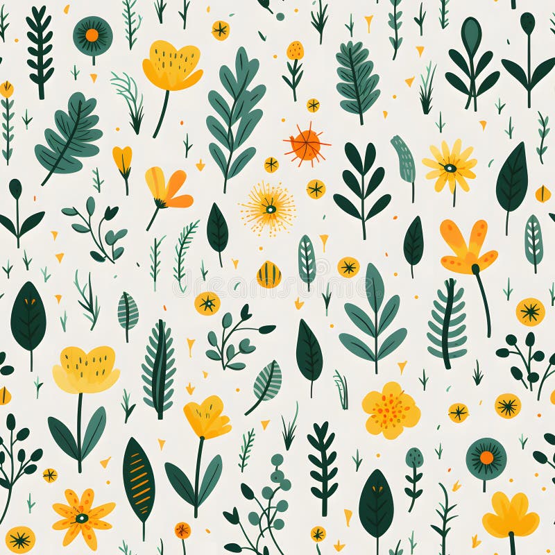 Nature Elements Seamless Pattern. Leaves, Pollen, Stem. Flat Design by ...