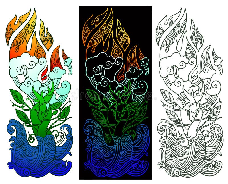 Nature Elements, Tattoo Illustration of Fire, Air, Plants & Water Stock ...