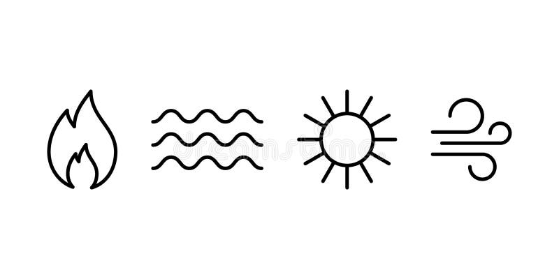 Nature Elements Water, Fire, Air and Sun Line Icon Set. Wave, Flame ...