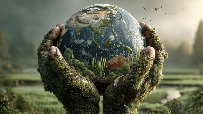 Nature Embracing Earth in Hands Stock Illustration - Illustration of ...