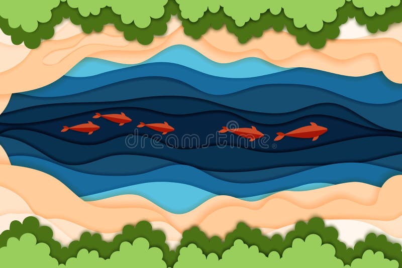 Paper Cut River and Fish.Top View of the Water Stream and Shore . Stock ...