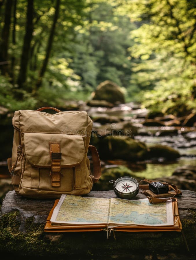 Nature Exploration Essentials with a Backpack and Tools Near a Tranquil ...