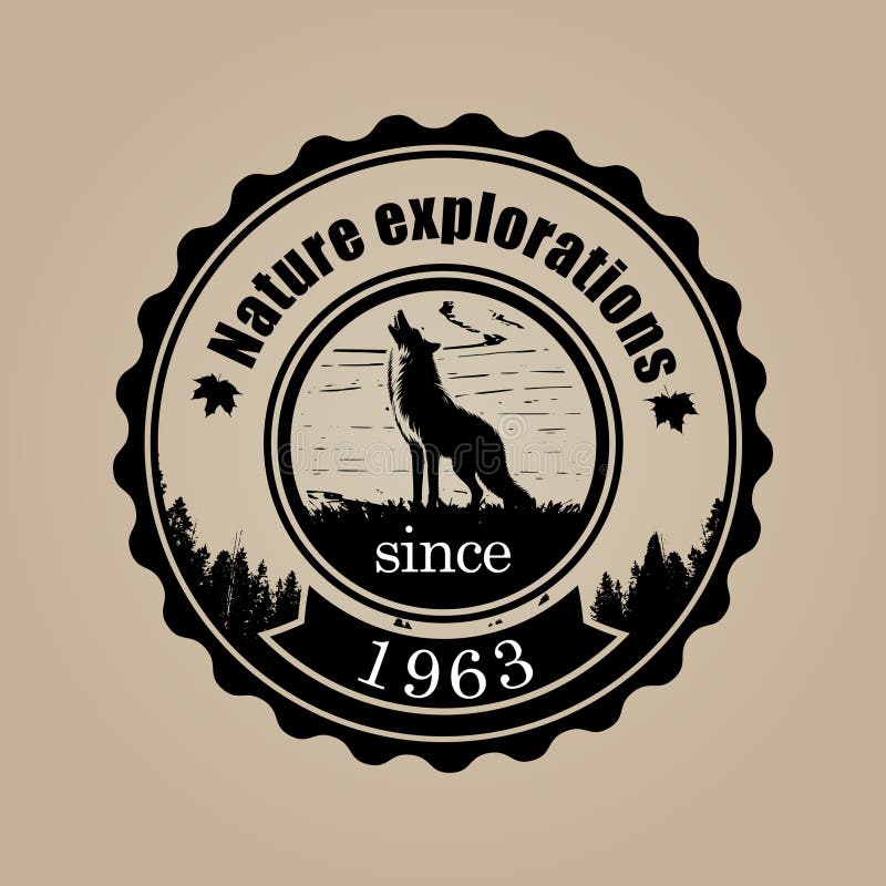 Nature Explorations Badge with a Wolf and Wooden Texture Stock Vector ...
