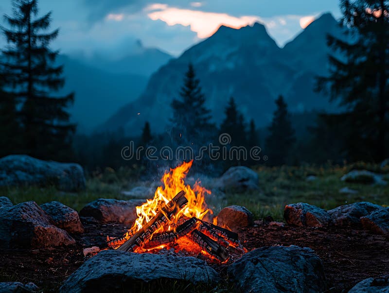 Nature and Fire Concept, Campfire with Nature View, Mountains Stock ...