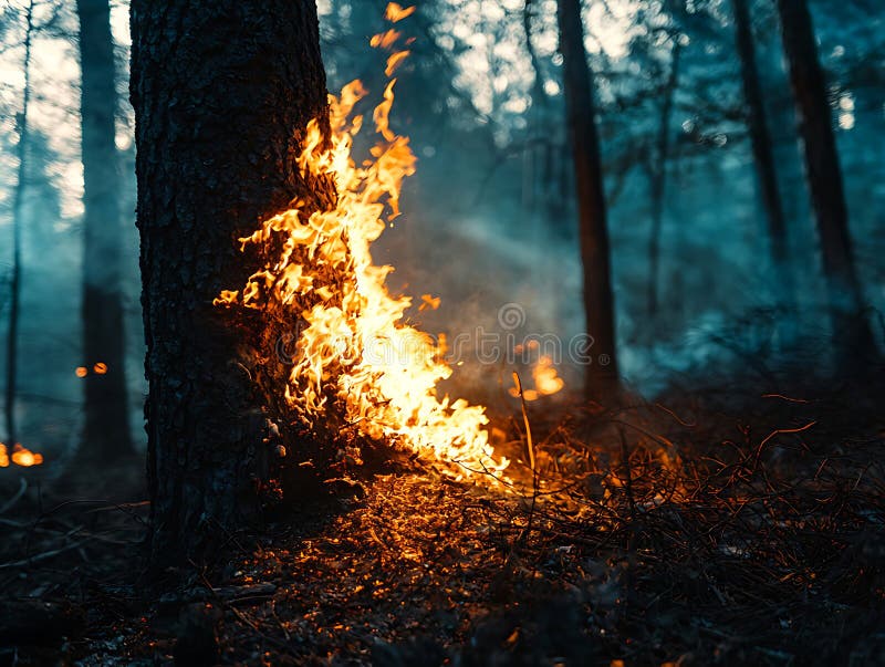 Nature and Fire Concept, Close-up of Flames Burning Trees in a Forest ...