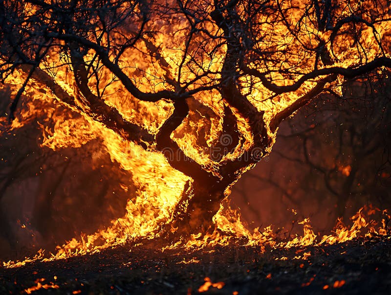 Nature and Fire Concept, Flames Engulfing a Tree in a Forest Stock ...