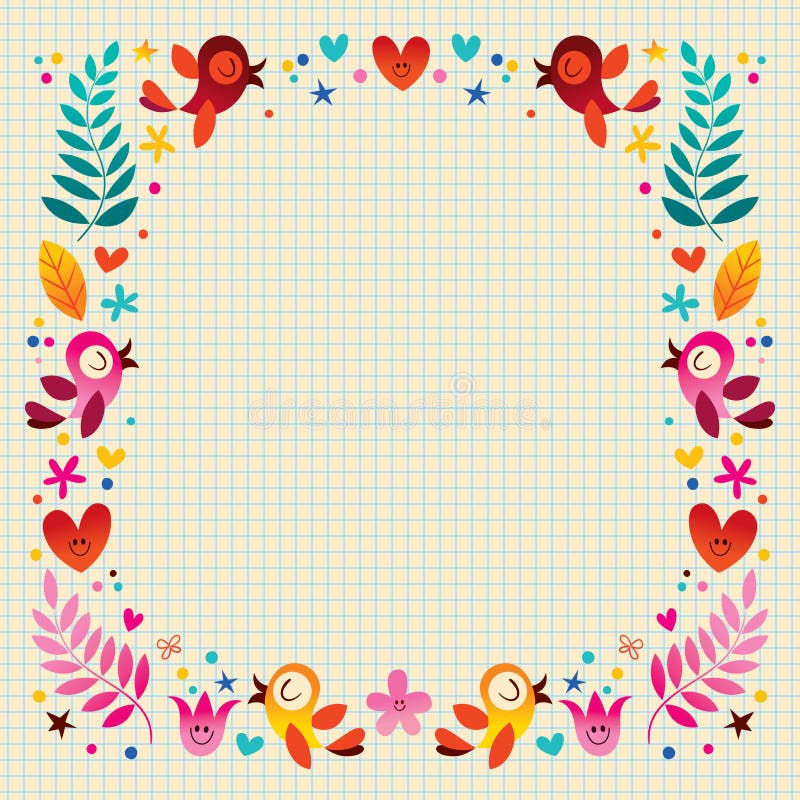 Nature Frame with Birds Hearts and Flowers Stock Vector - Illustration ...