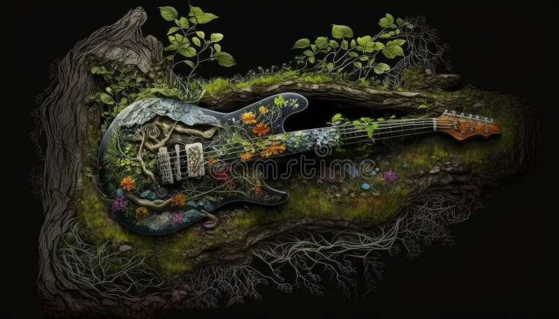 Nature Guitar on Black Ground Image Generative AI Stock Illustration ...
