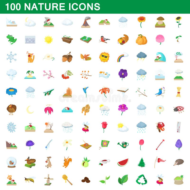 100 Nature Icons Set, Cartoon Style Stock Vector - Illustration of ...
