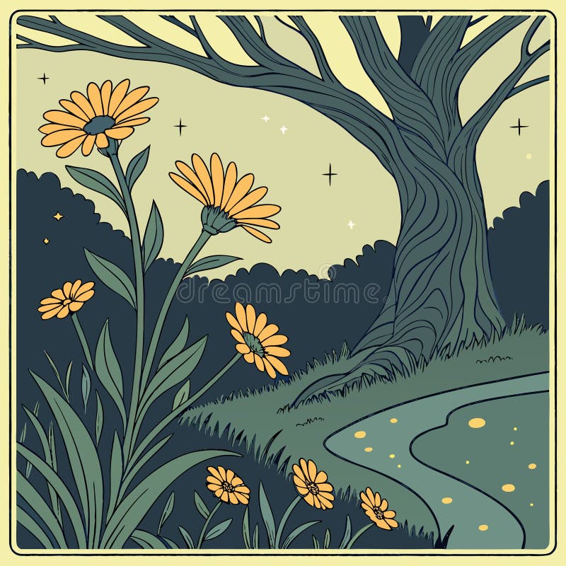 Nature Illustration with Yellow Flowers and Tree – Stylized Forest Path ...