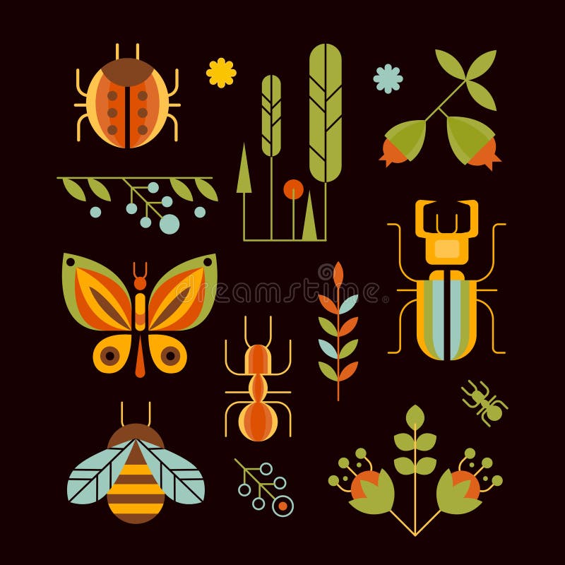 Nature, Insects, Leaves and Tree Icons Vector Stock Vector ...