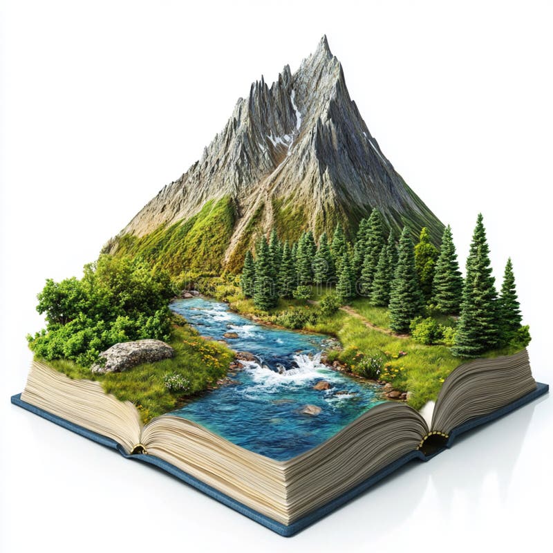 A Nature Inside Open Book with River and Moun Stock Illustration ...