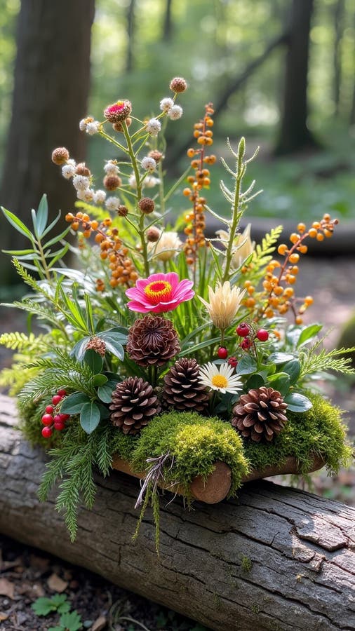 Nature-inspired Floral Arrangement on Mossy Log in Sunny Forest Setting ...