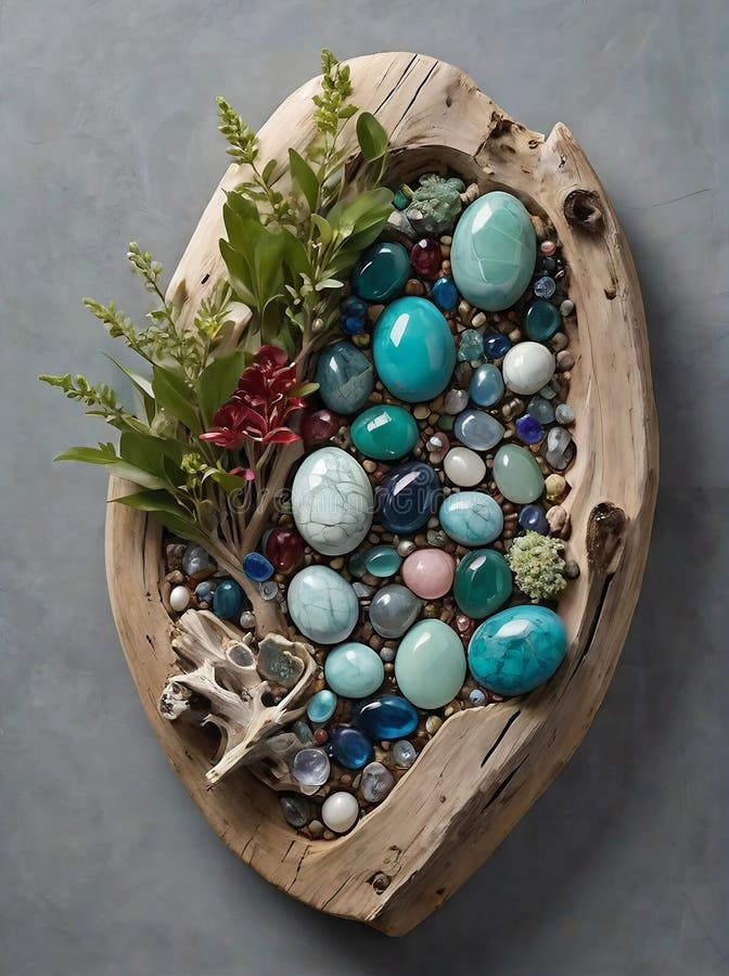 Nature-Inspired Gemstone Egg Display with Lush Greenery in a Driftwood ...