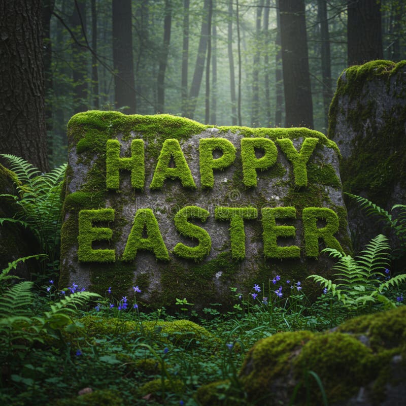 Moss-Covered Happy Easter Text on a Stone in a Forest Setting Stock ...