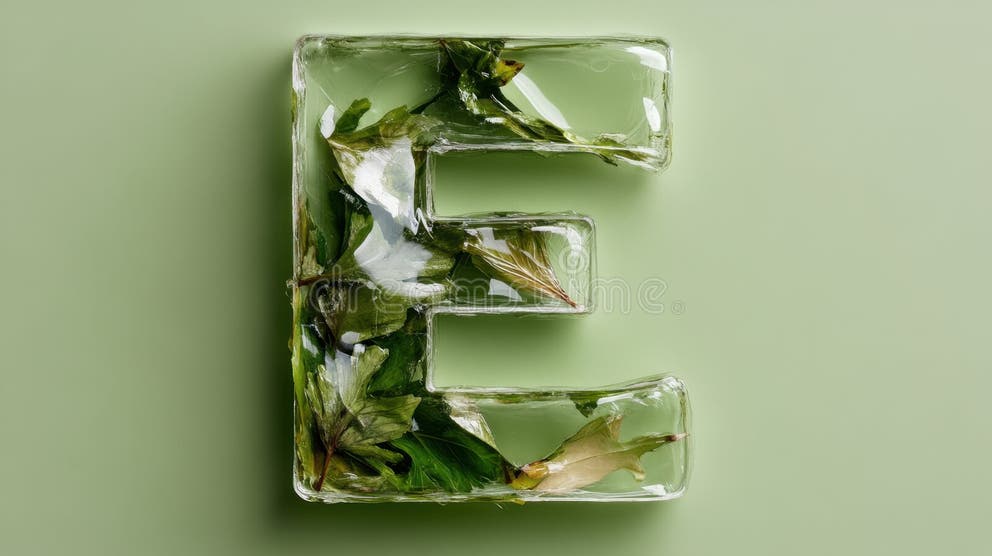 Nature-inspired Ice Sculpture of Letter E with Embedded Greenery on ...