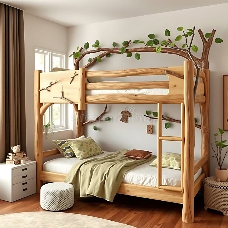 A Nature Inspired Kids Room with a Bunk Bed Resembling a Treehouse Complete with Leaves and ...
