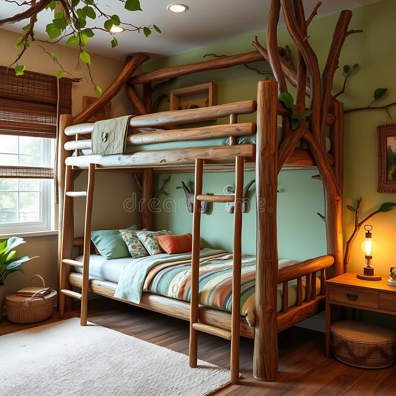 A Nature Inspired Kids Room with a Bunk Bed Resembling a Treehouse ...