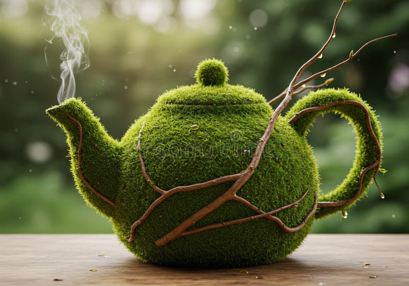 Nature-inspired Moss-covered Teapot with Branches and Dew Outdoors ...
