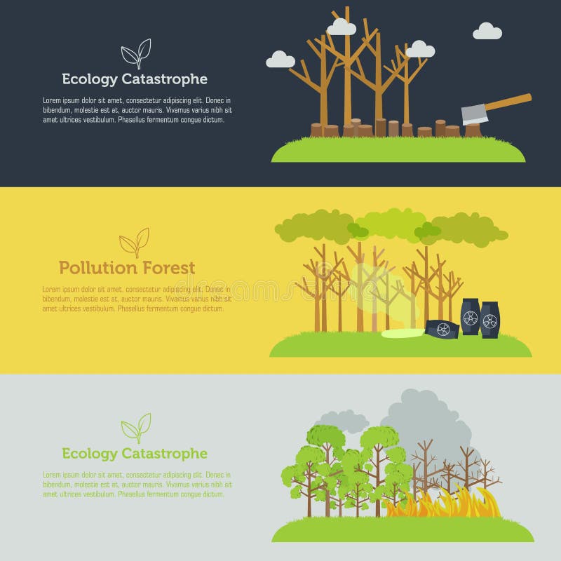 Nature Issue Deforestation, Fire Tree and Pollution Banner Flat Style ...