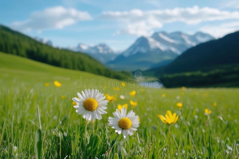 Nature Landscape Blooming Spring Meadow Distant Mountains Sunny ...