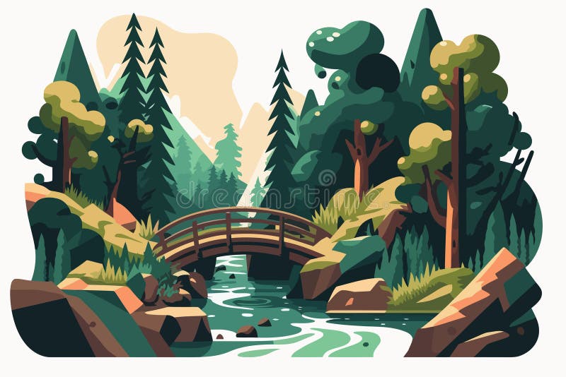 Nature Landscape with Bridge and River. Vector Illustration in Cartoon ...