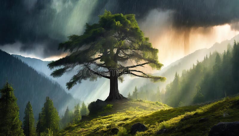 Hurricane in the High Mountain Forest with a Large Tree. AI Generated ...