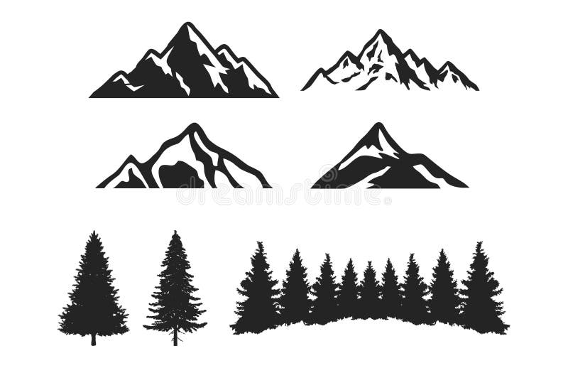 Pine Tree Mountain Silhouette Element Set Stock Vector - Illustration ...