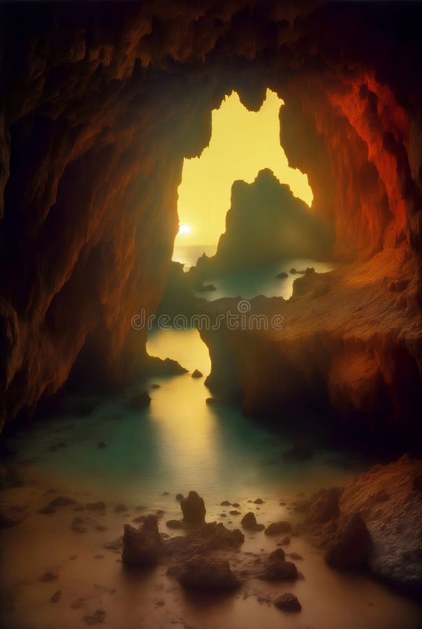 Nature Landscape Sea Cave Sunset Sky Illustration Stock Illustration ...