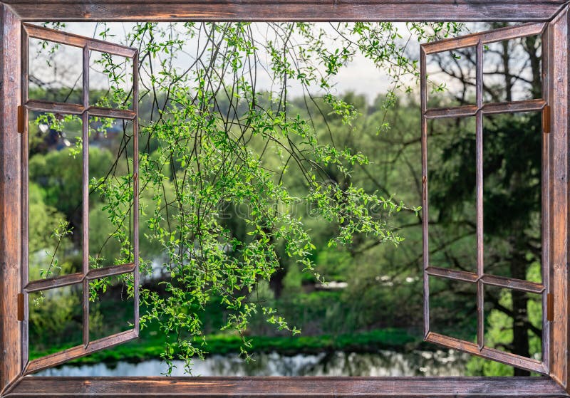Nature Landscape with View through a Window with Curtains Stock Photo ...